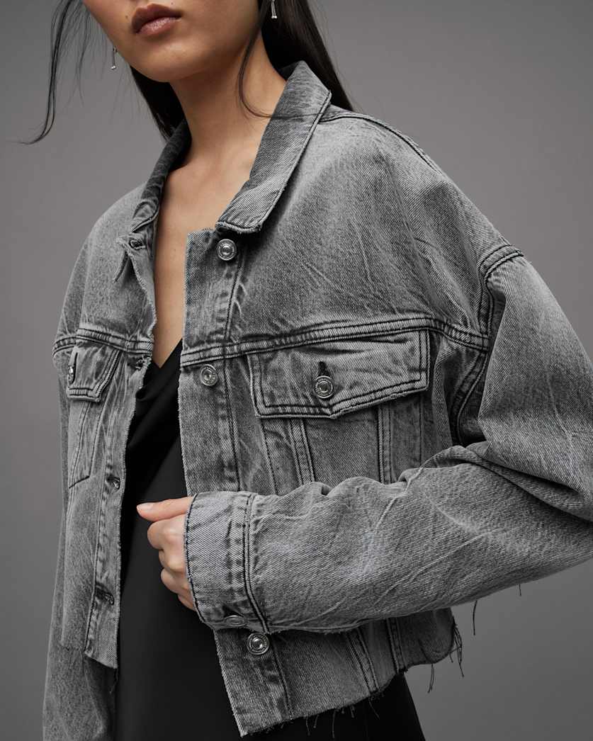 Piper Cropped Drop Shoulder Denim Jacket Washed Grey | ALLSAINTS